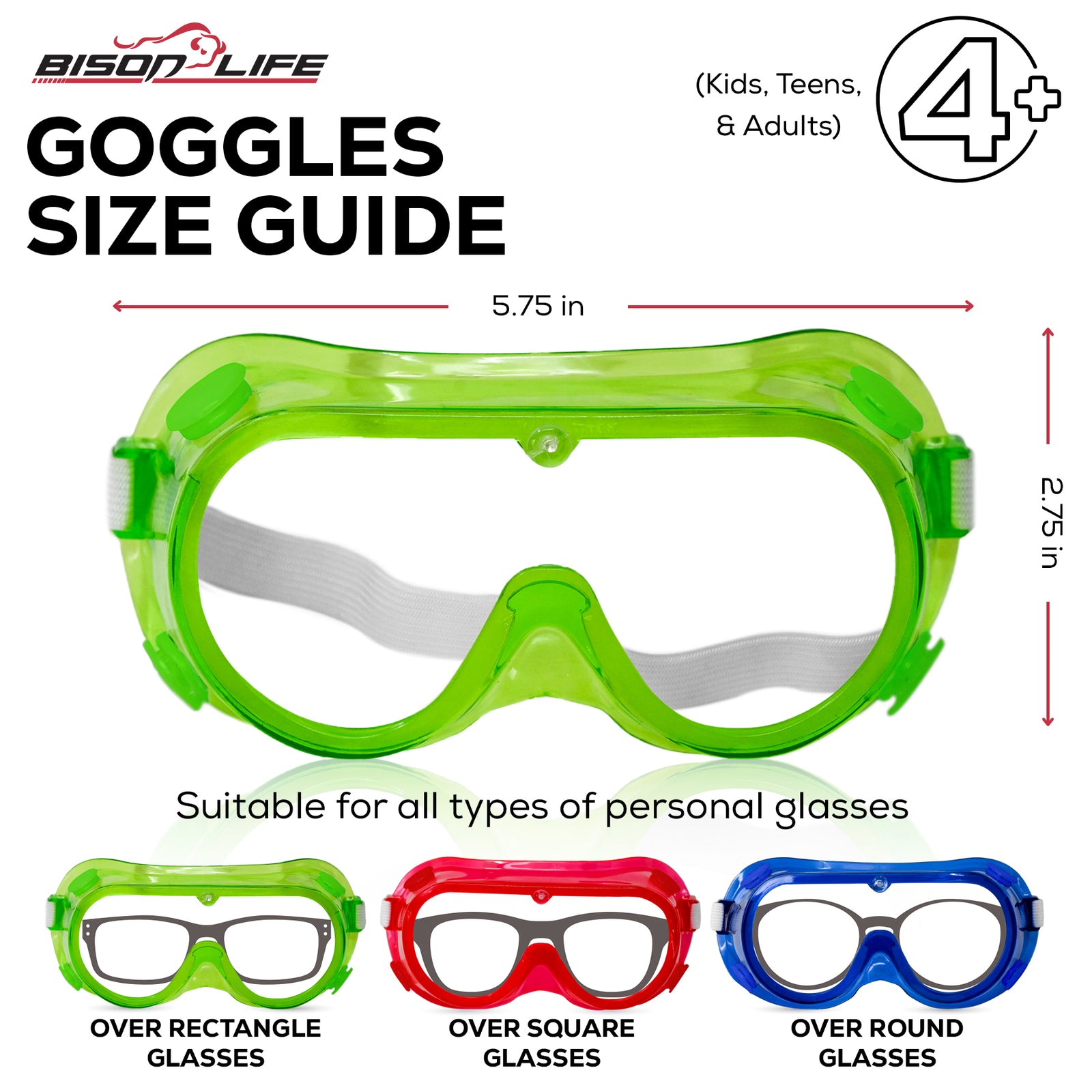 BISON LIFE Spectra Kids Safety Goggles, Red, Green & Blue Colors ...